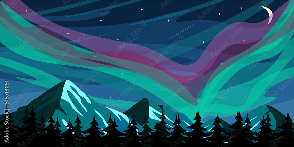 Vector illustration of beautiful winter northern lights. Cartoon forest ...