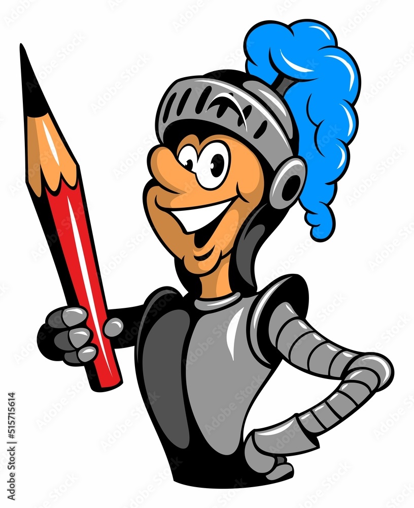 Cartoon style character, knight in the armor, holding the pencil ...