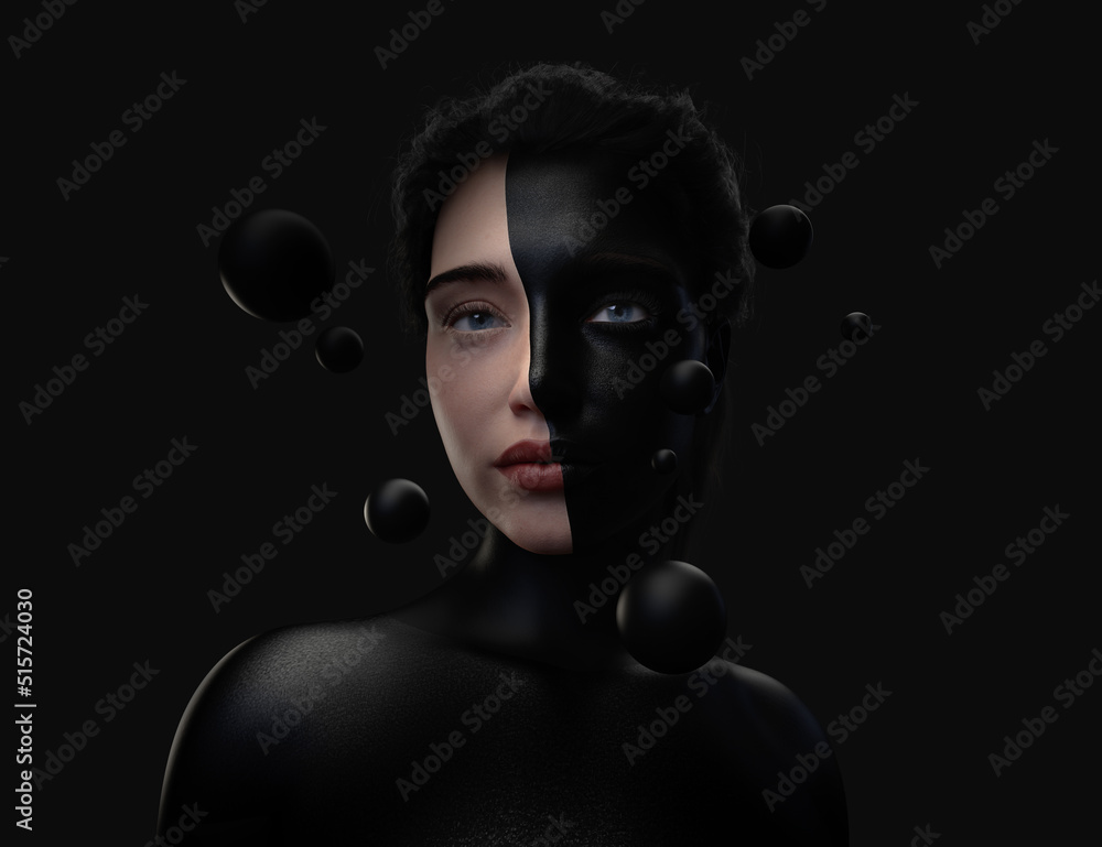 Surreal portrait of a woman, ying yang face extreme make up - 3d ...