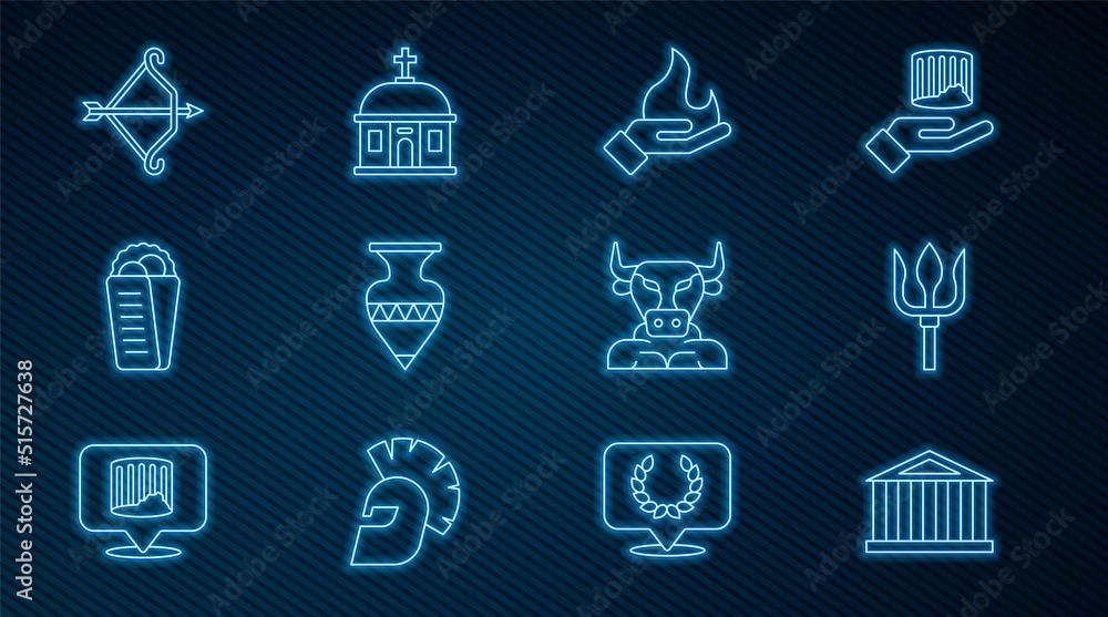 Set line Parthenon, Neptune Trident, Hand holding fire, Ancient ...