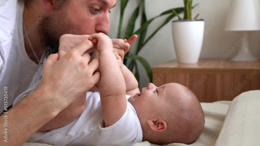 Authentic Bearded Long-haired Young Neo Father And Newborn Baby Looking ...