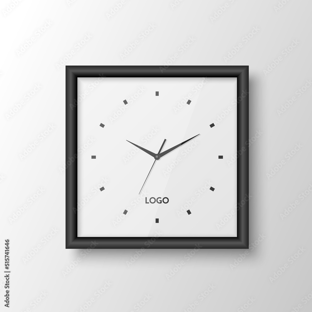 Vector 3d Realistic Square Wall Office Clock with Black Frame, Design ...