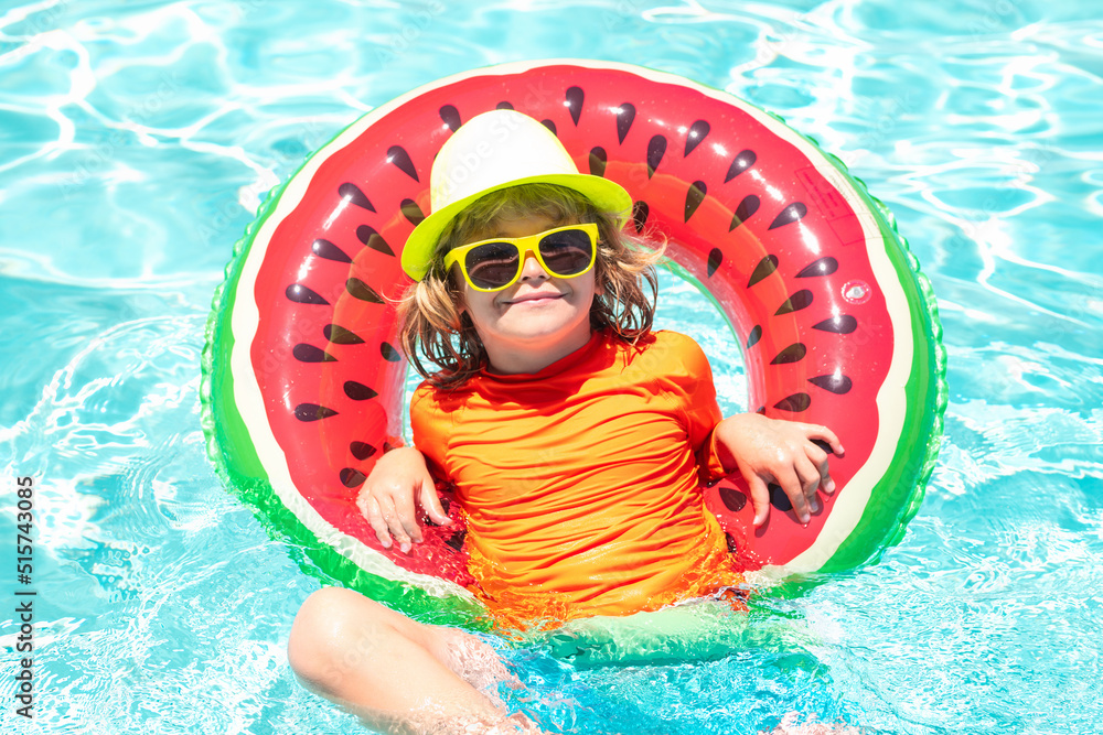 Summer vacation fun. Cute kid in swimming pool. Summer swimming and ...