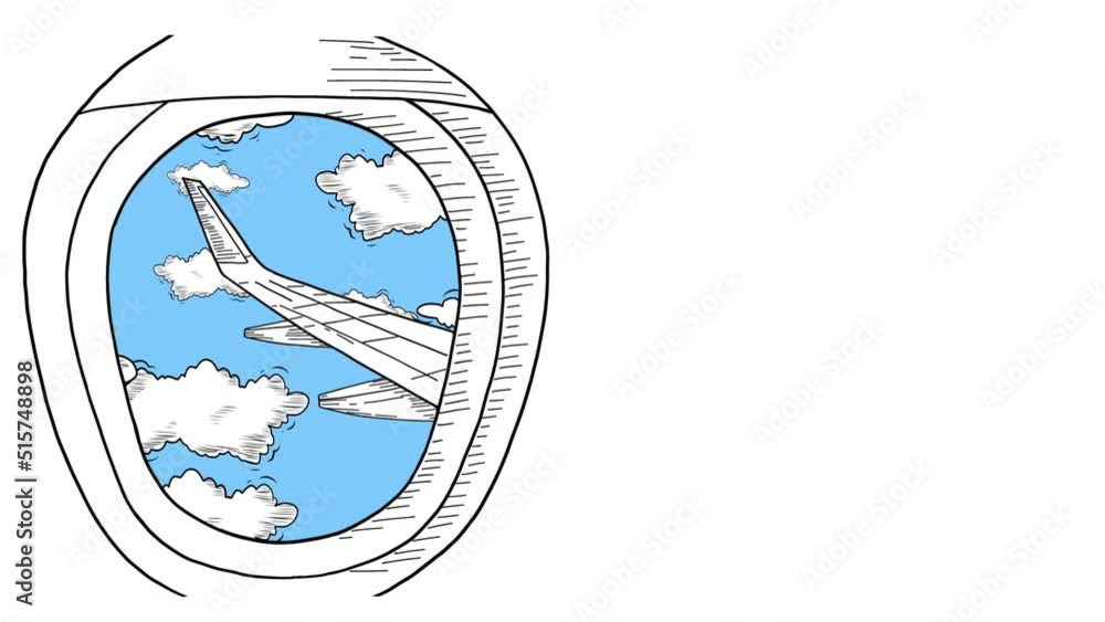 4K Animated Hand Drawn Plane Window View with Airplane Wing and Cloud ...