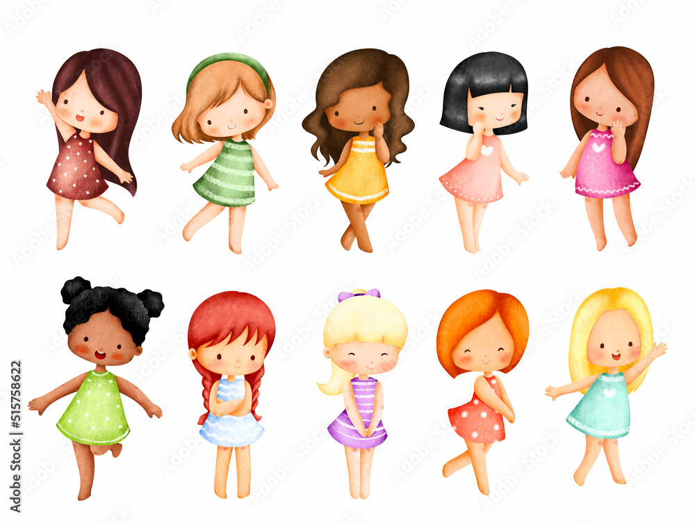 Watercolor illustration set of Cute little girls Stock Vector | Adobe Stock