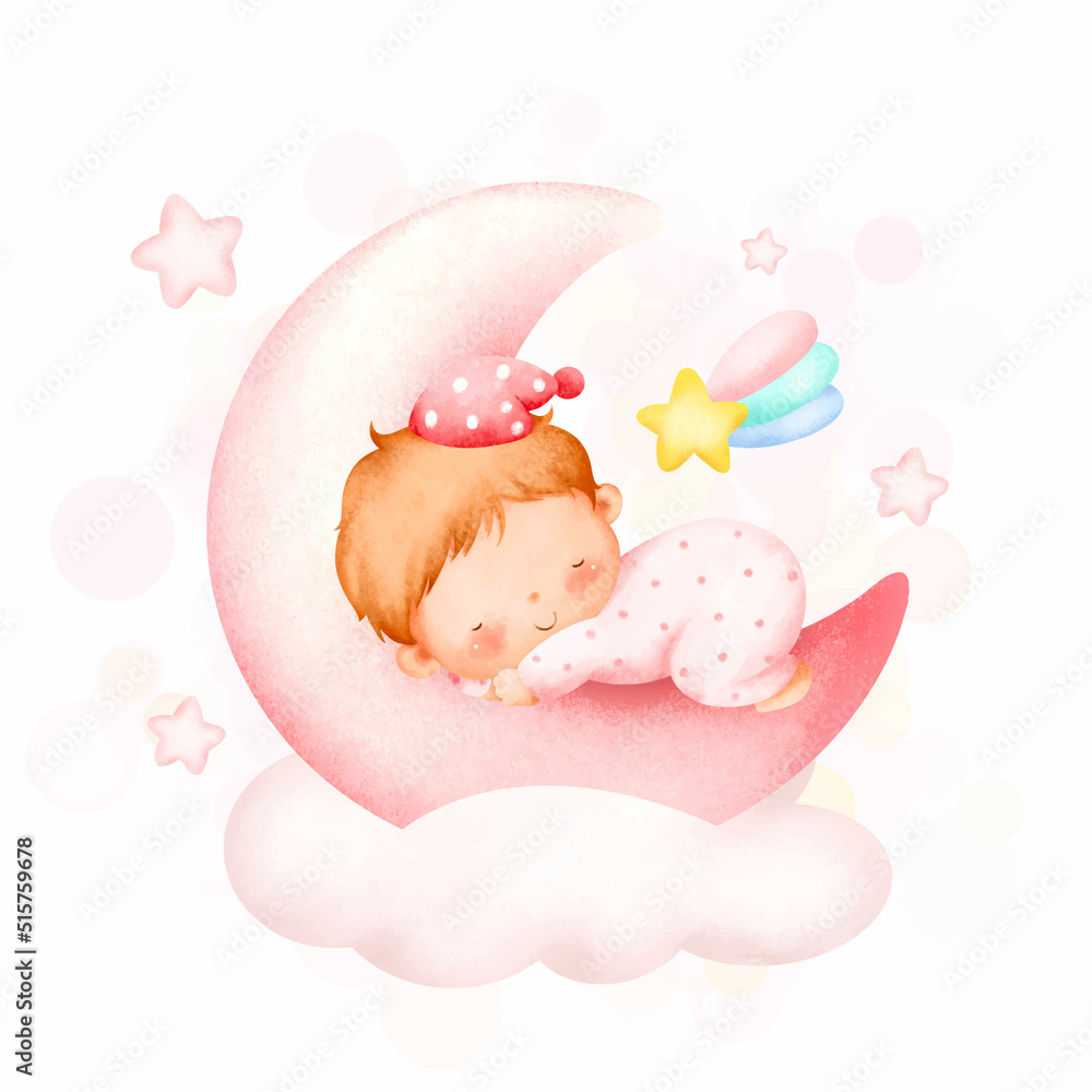 Watercolor illustration cute baby girl sleeping on the moon Stock ...