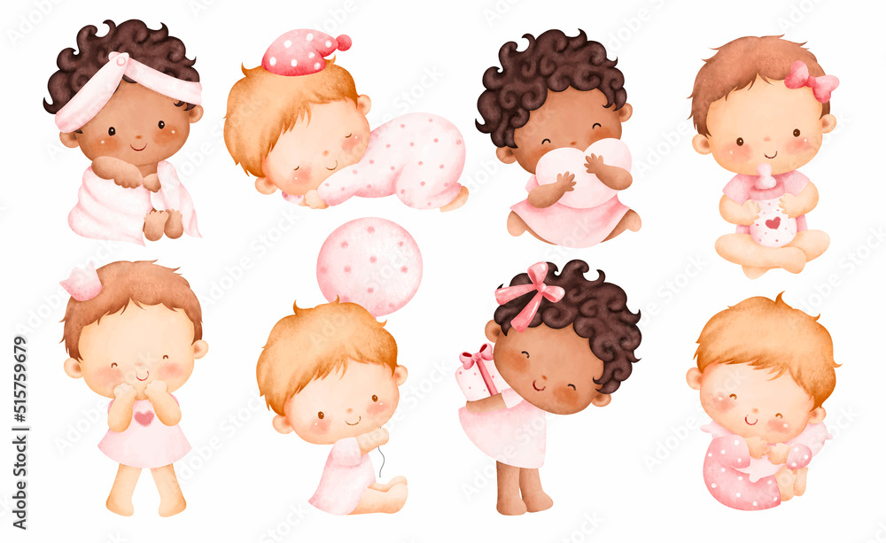 Poster Watercolor illustration set of cute baby girl – Tableau ...