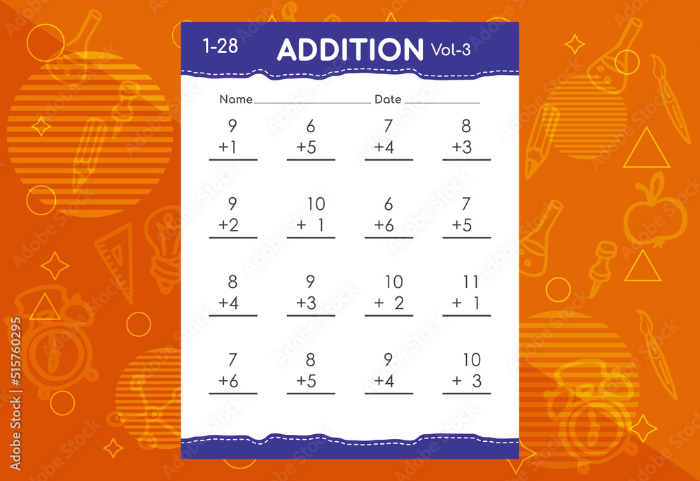 Basic math addition for kids. An educational worksheet for kids. Vector ...