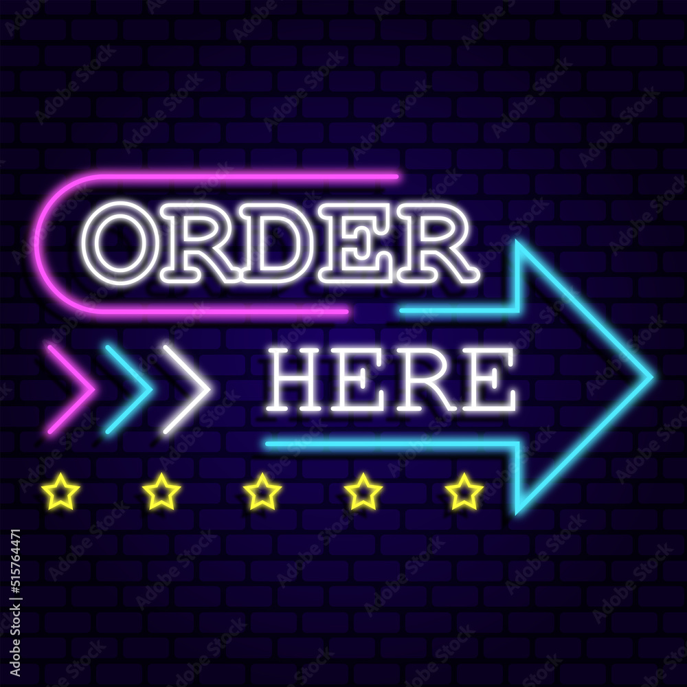 order here neon signs style glow effect logo typography lettering background banner illustration ...