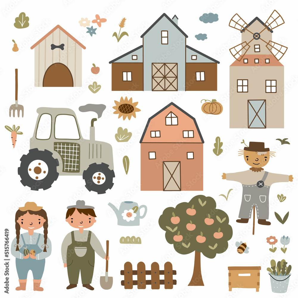Vector farm set. Rural icons collection with funny kid farmers, barn ...