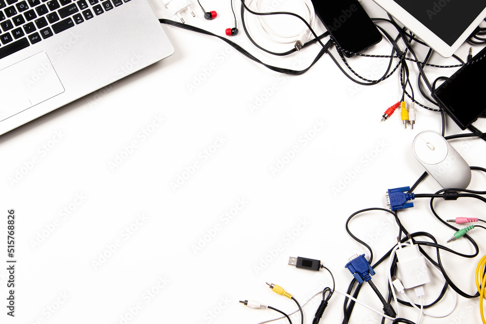 Old laptop computer, digital tablet, mobile phones, cable, cords, used ...