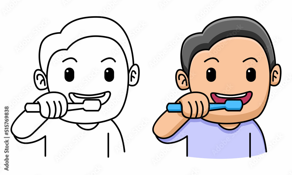 Cute boy brushing teeth coloring page for kids Stock Vector | Adobe Stock