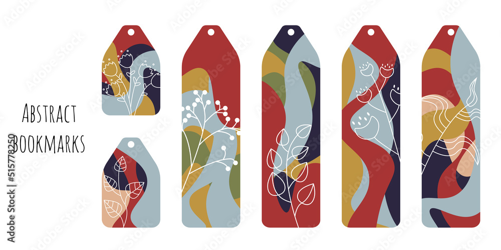 Set of 6 bookmarks with colored spots and decorative elements. Elegant ...