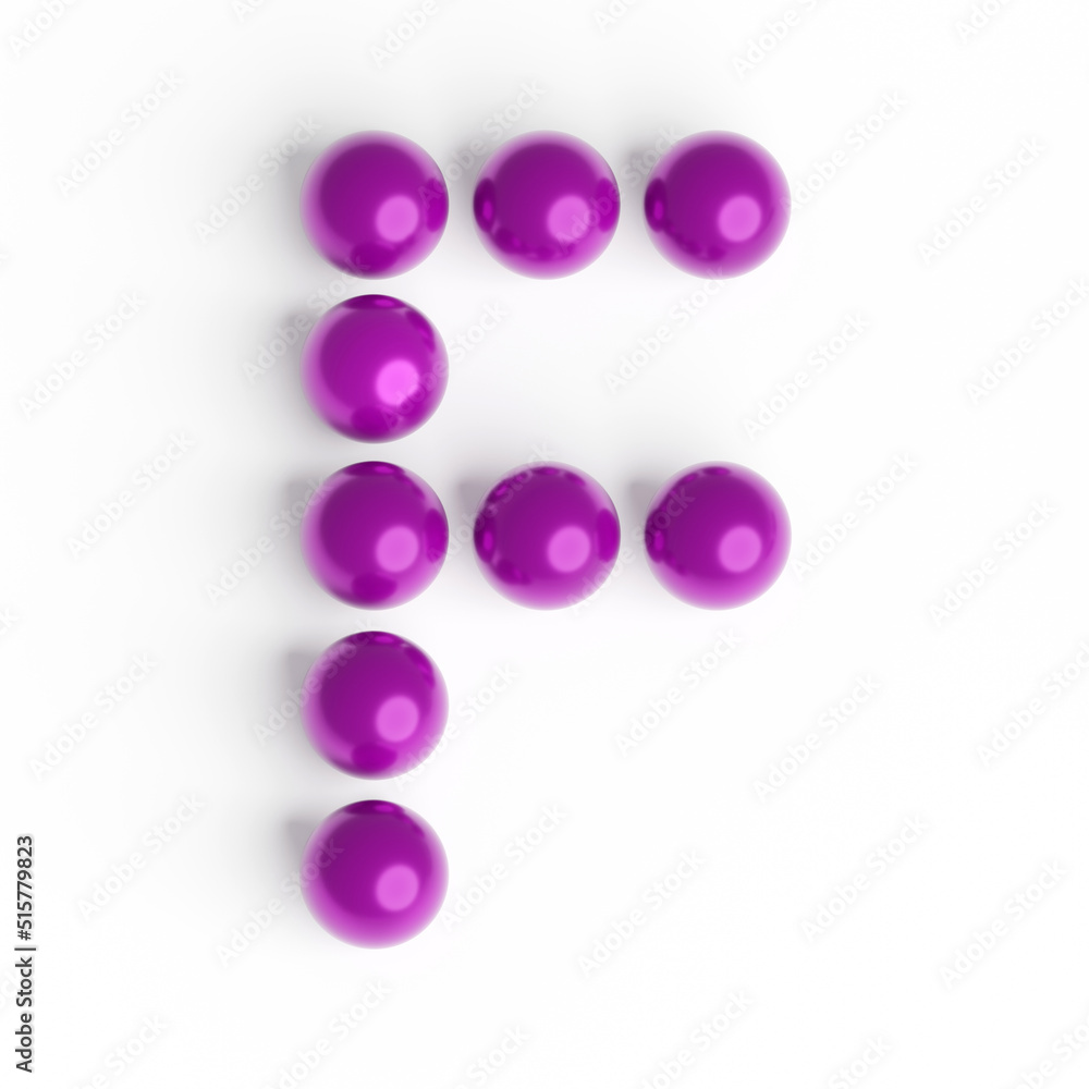 Capital letter F from purple balls. Font from shiny glossy balls. 3d ...