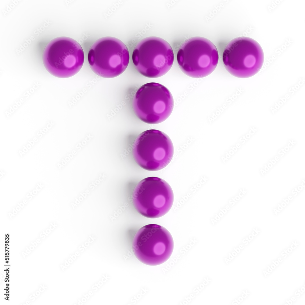 Capital letter T from purple balls. Font from shiny glossy balls. 3d ...