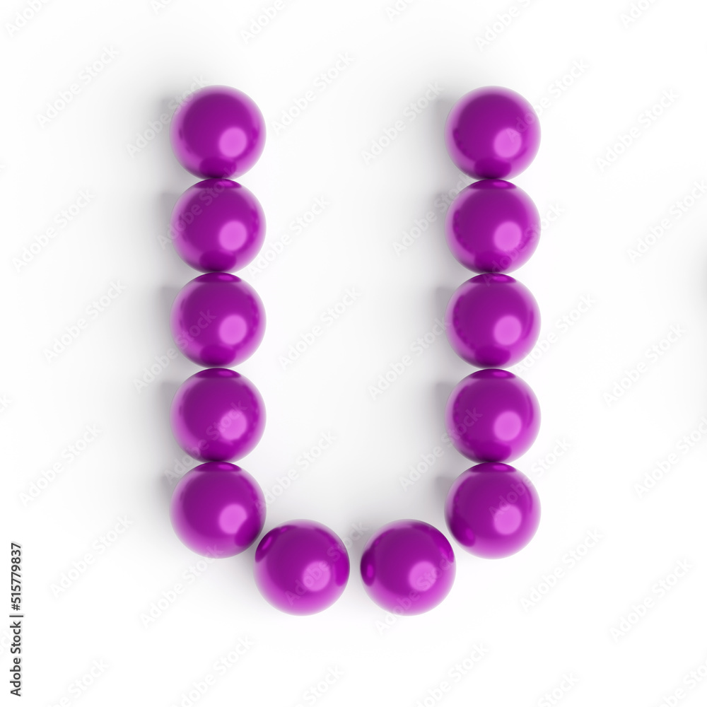 Capital letter U from purple balls. Font from shiny glossy balls. 3d ...