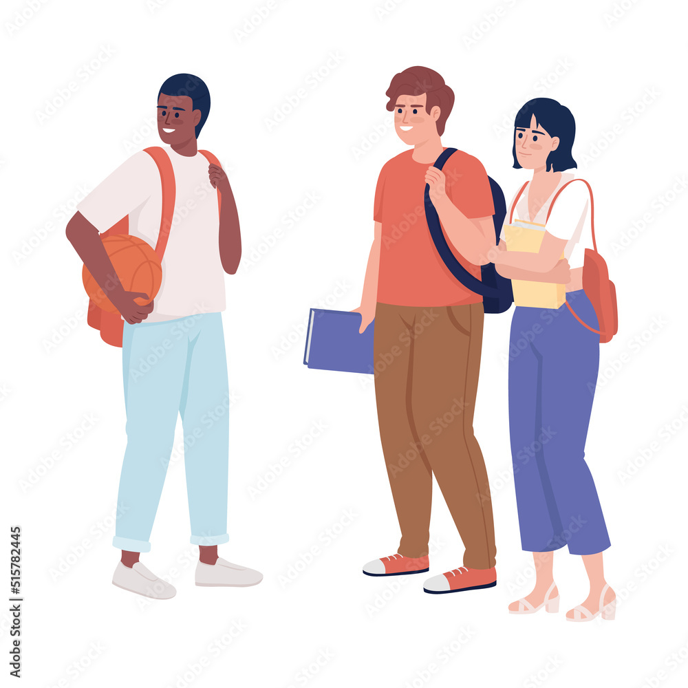 Group of happy high school students semi flat color vector characters ...