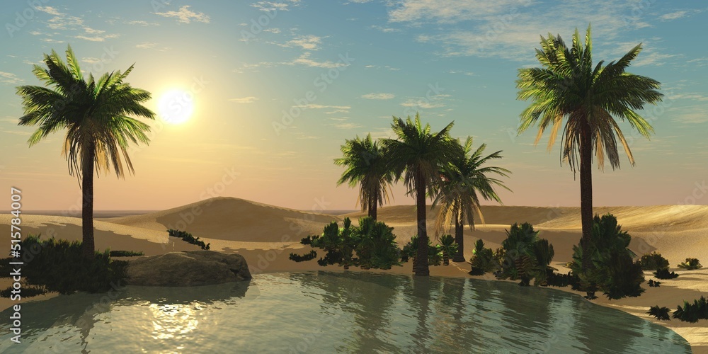 Beach with palm trees, palm trees on the shore, Oasis in the desert ...