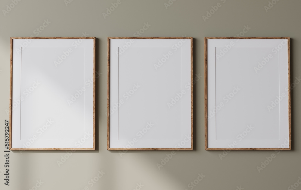 Frame mockup, three posters on green wall interior background, minimal ...