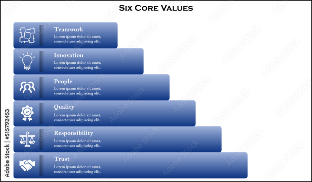 Six Core Values with Icons and description placeholder in an ...