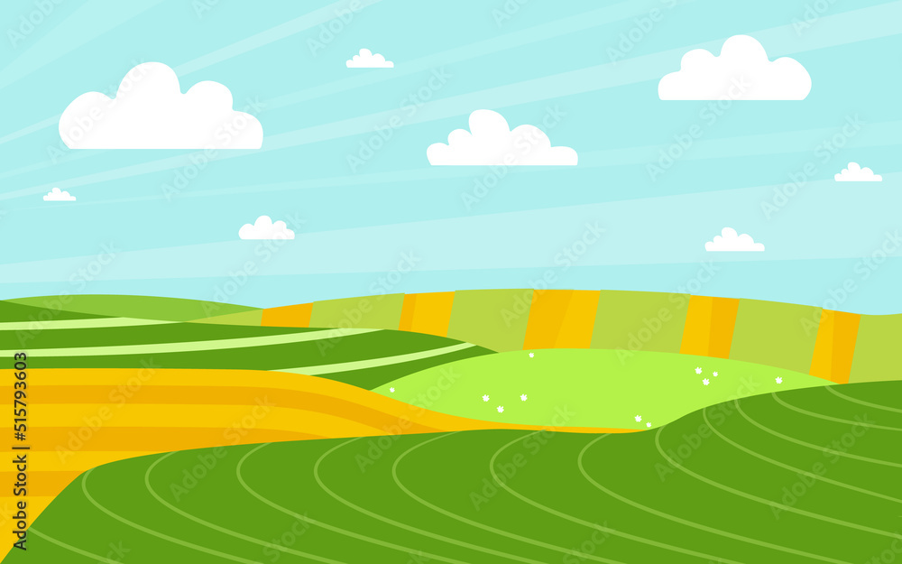 Green meadow, agricultural fields. Panorama background. Bright cartoon ...