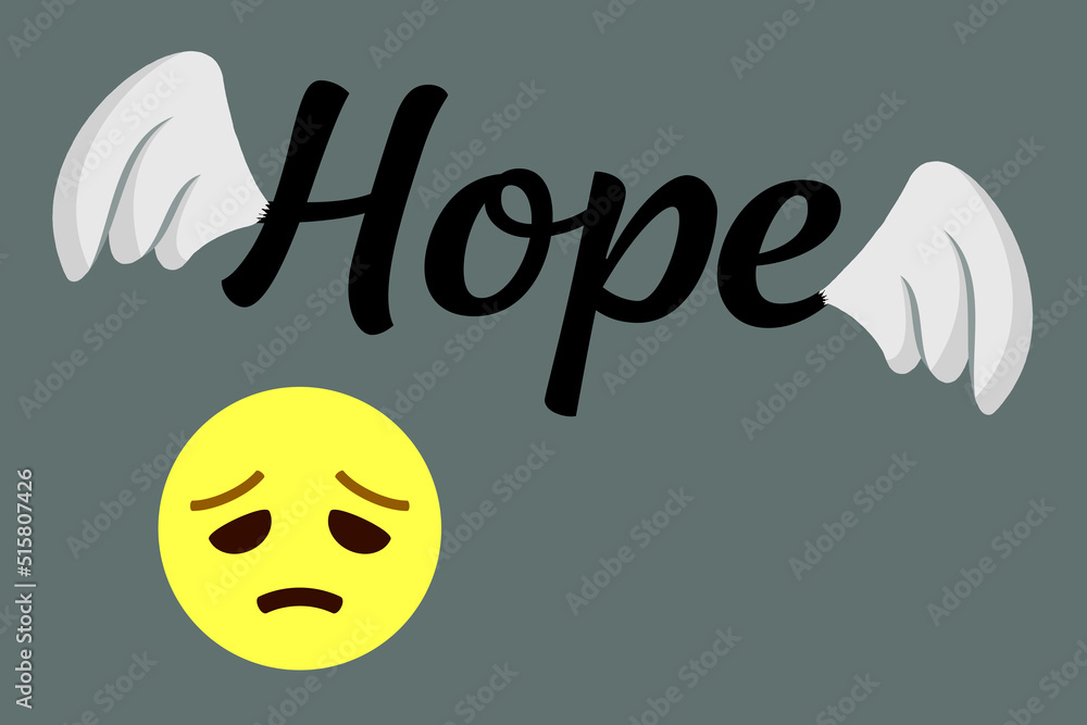 disappointed face emoji and hope text with wings on gray background ...