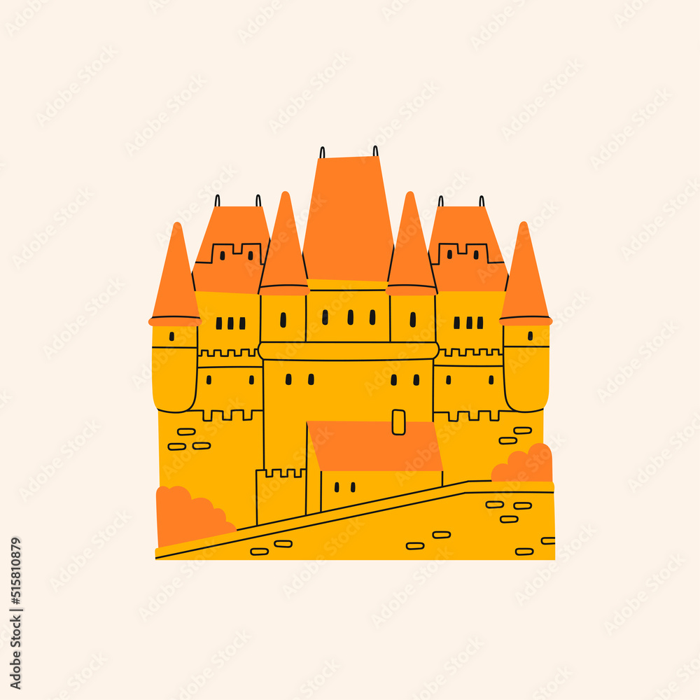 Medieval Castle. Orange roof, yellow walls. Royal kingdom towers, fortified palace. Old towers ...