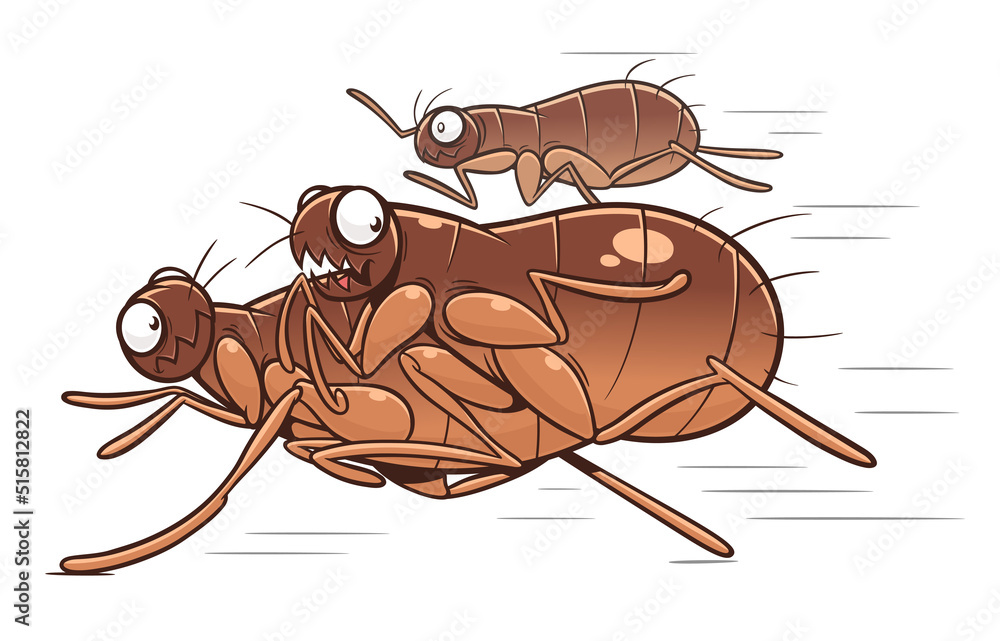 Defeated cartoon fleas running away from healthy pets. Cartoon flea ...