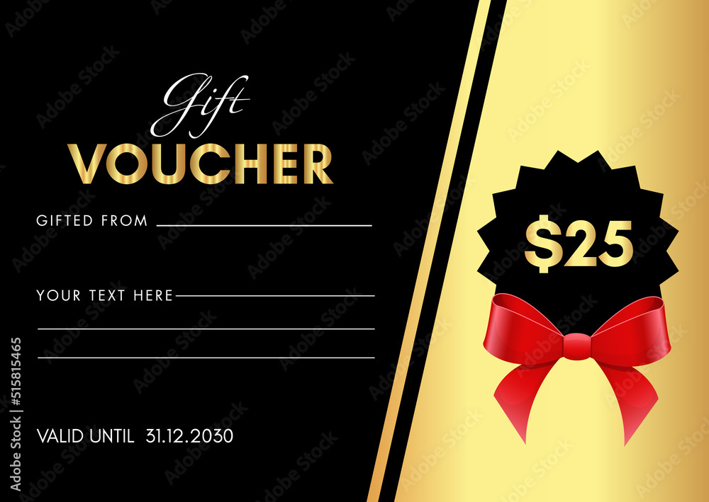 25 Dollar Value Gift Voucher Template with red bow isolated on black ...