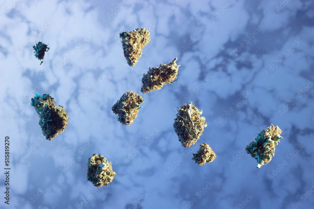 Dry buds of medical marijuana levitate against a marble background in ...