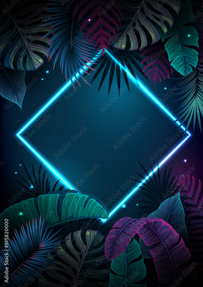 Summer background with neon frame and fluorescent tropic leaves. Nature ...