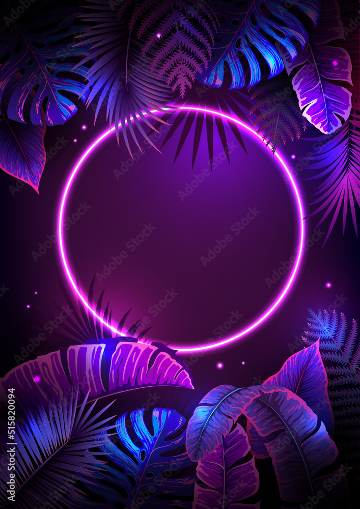 Vecteur Stock Summer background with neon frame and fluorescent tropic ...