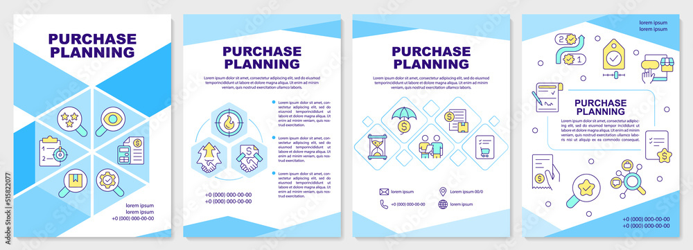 Purchase planning blue brochure template. Inventory management. Leaflet design with linear icons ...