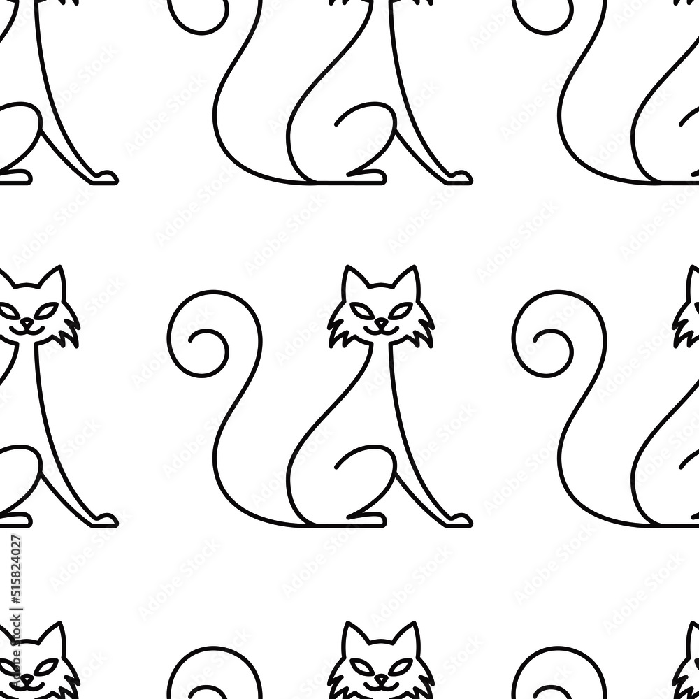 Vector seamless pattern: linear siting cartoon cats . Black and white ...