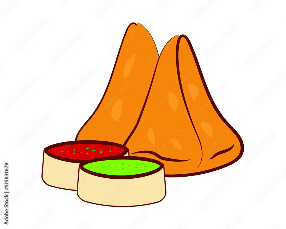 two Samosa with green and red sauce Chatani Indian street food. Hand ...