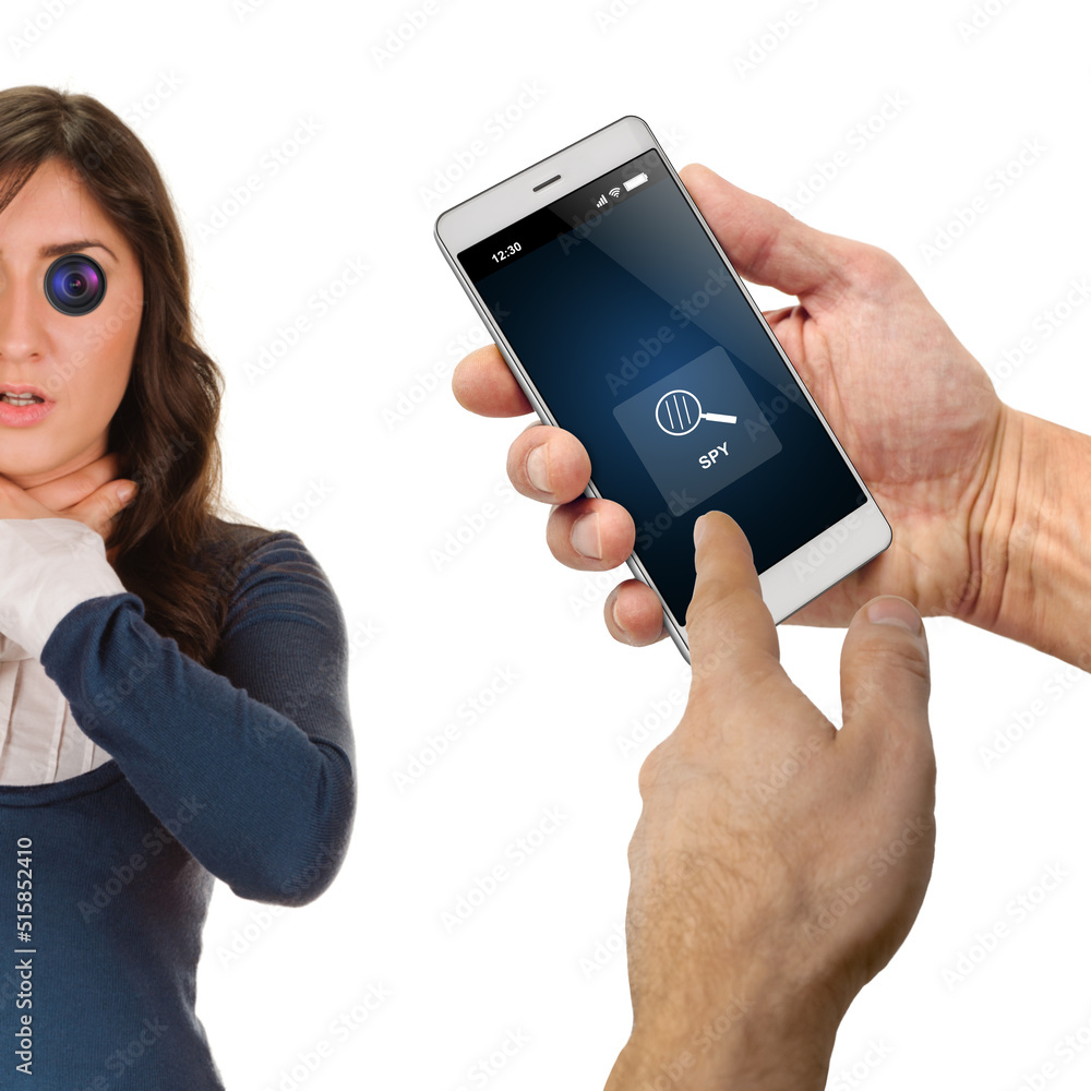 Pretty woman with built-in camera showing painful strangle while man ...