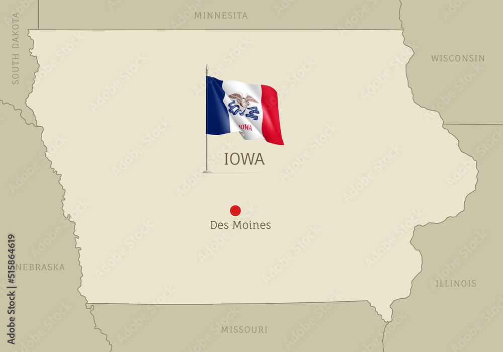 Map of Iowa USA federal state with realistic waving flag. Highly ...