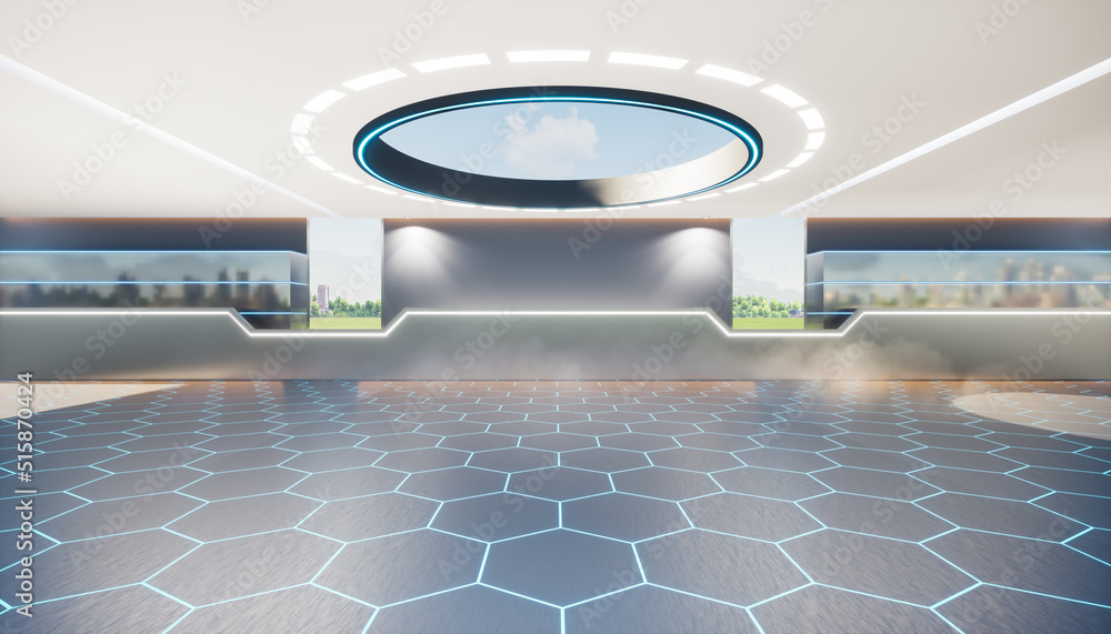 3d rendering of empty space inside futuristic showroom, spaceship, hall ...