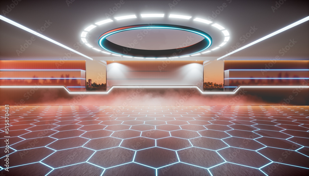 3d rendering of interior room, empty space with ceiling, light, metal ...