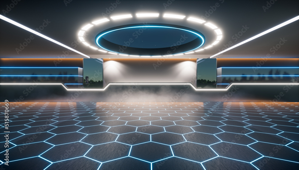 3d rendering of interior room, empty space with ceiling, light, metal tile floor, counter and ...