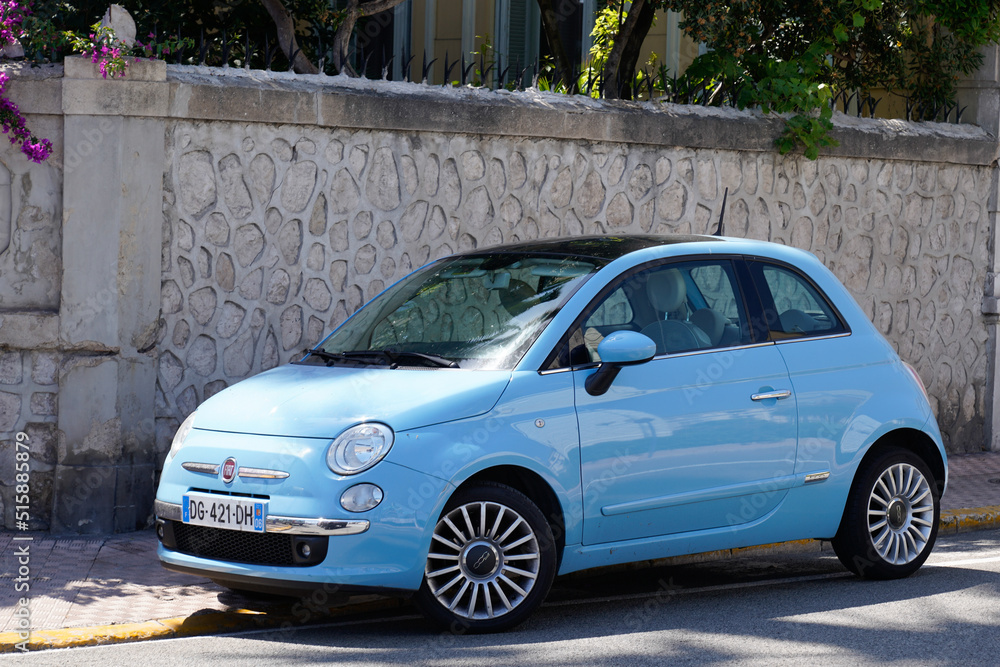 fiat 500 blue neo retro car model vehicle modern in side street view in ...