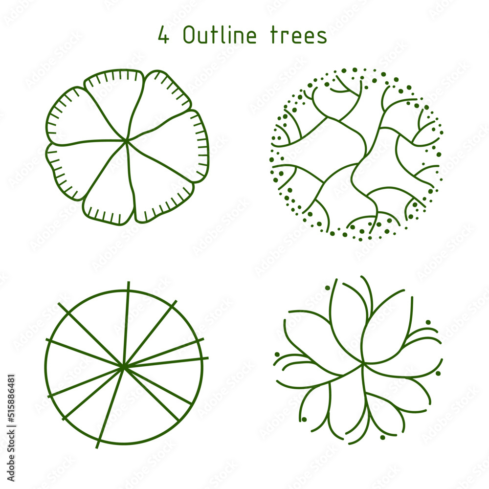Tree for architectural floor plans. Outline. Various trees, bushes, and ...