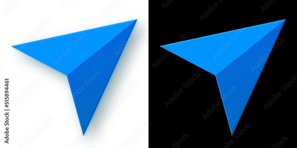 3d illustration of blue arrow gps map and navigation on white and black ...