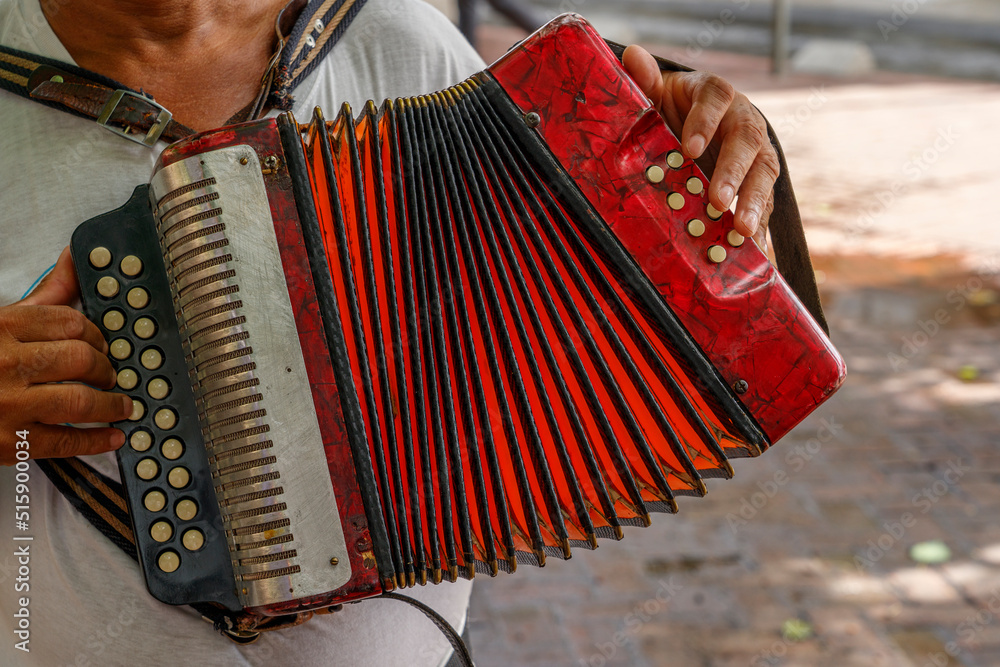 Dominican Republic. The musician plays the accordion. A hand plays the ...