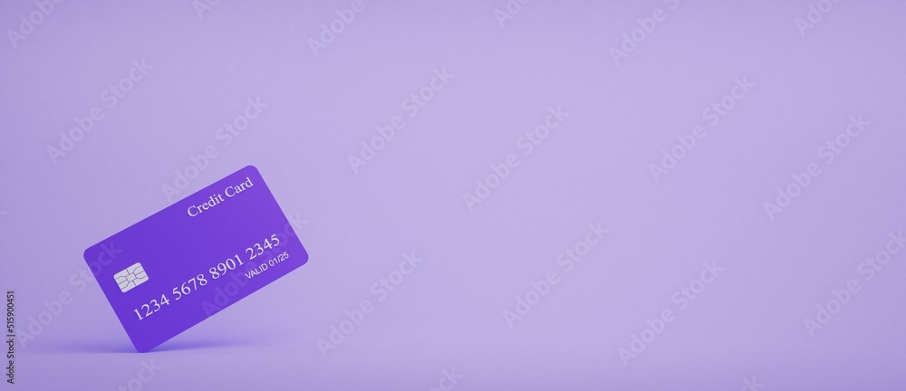 Purple credit card floating on purple background. Mobile banking and ...