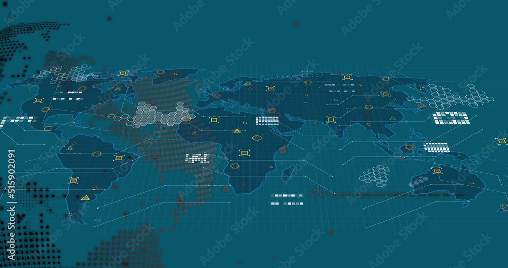 Image of globe and diverse data over world map on green background ...