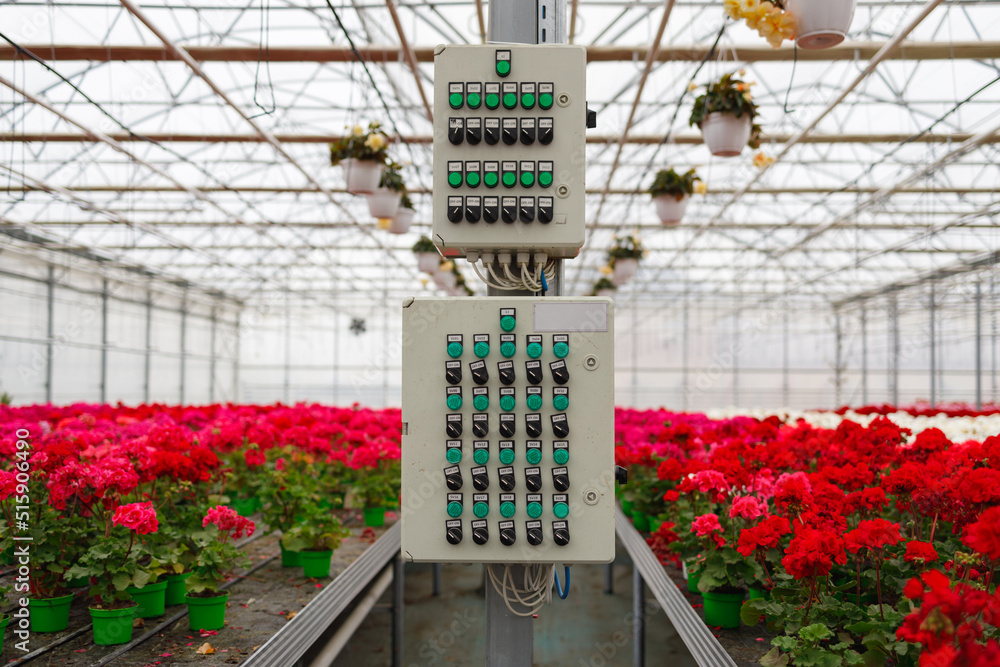 Irrigation control panel in a modern greenhouse for growing flowers ...