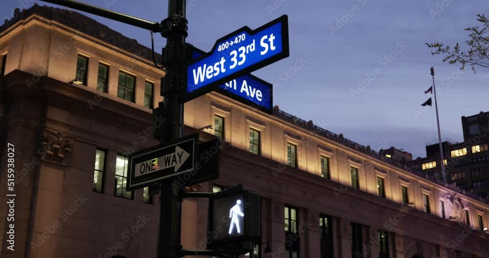 Road signs in Manhattan, NYC. West 33rd Street and pedestrian traffic ...