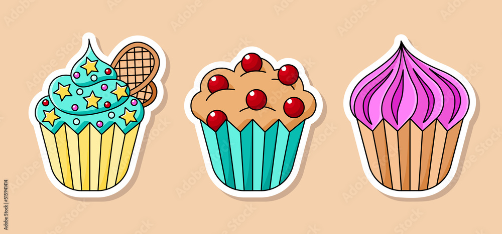Vector cartoon cupcake stickers set. Three isolated sweet dessert with ...