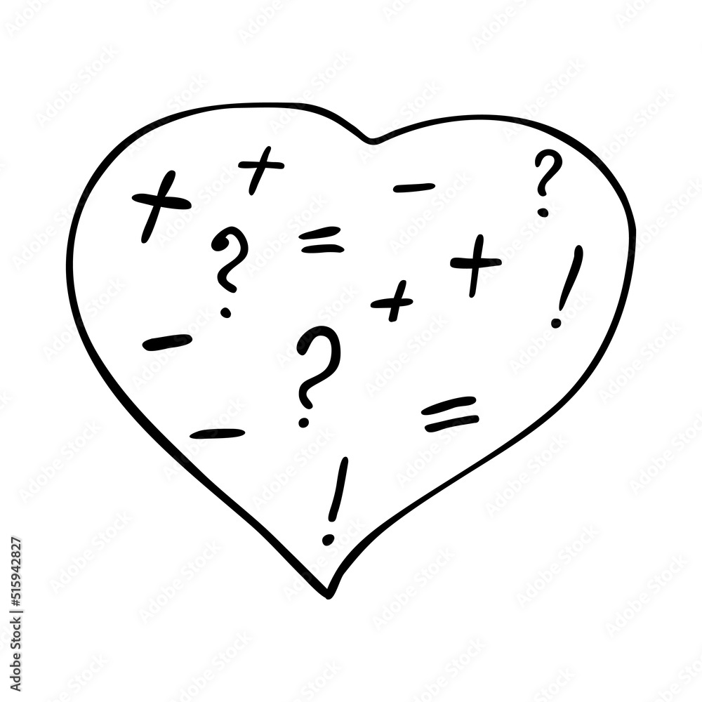 Vector doodle lineart heart with math symbols inside. Isolated outline ...